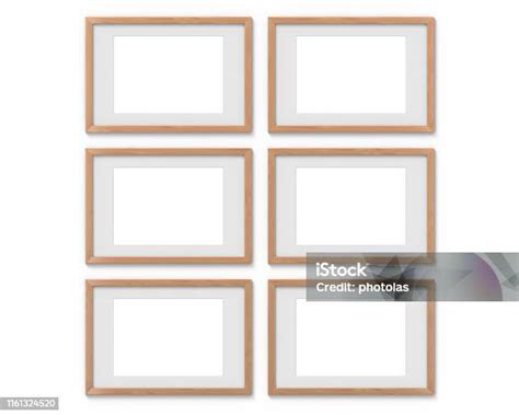 벽에 걸려 있는 테두리가 있는 6개의 수평 나무 프레임 모형 세트 그림이나 텍스트의 빈 베이스입니다 3d 렌더링 0명에 대한 스톡 사진 및 기타 이미지 Istock