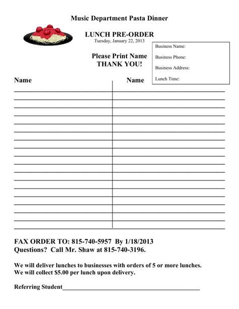 Printable Lunch Order Form Printable Forms Free Online