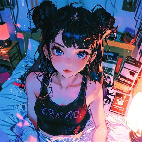 Anime Girl Relaxing On Her Bed With A Camera In A Colorful Cozy Room