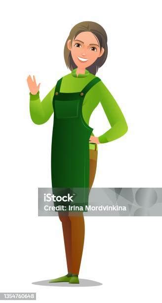 여성 장인 또는 예술가 앞치마에 소녀 작업복 마스터 쾌활한 사람 스탠딩 포즈 만화 만화 스타일의 평면 디자인 단일 문자입니다