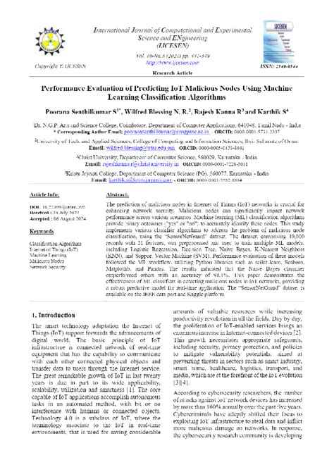 Pdf View Of Performance Evaluation Of Predicting Iot Malicious Nodes Using Machine Learning