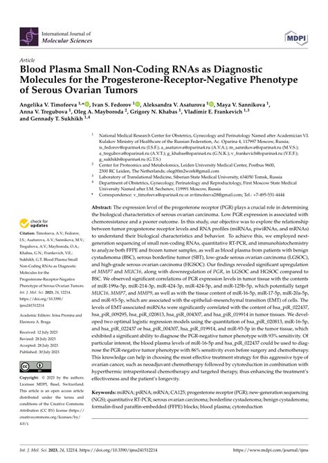 PDF Blood Plasma Small Non Coding RNAs As Diagnostic Molecules For The Progesterone Receptor