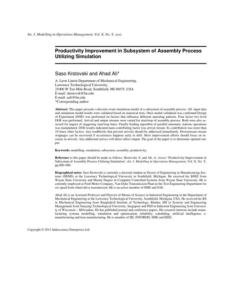 Pdf Productivity Improvement In Subsystem Of Assembly Process