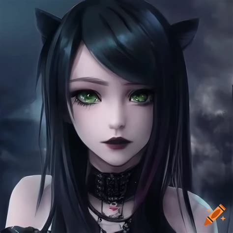 Detailed Anime Girl With Long Black Hair And Green Eyes