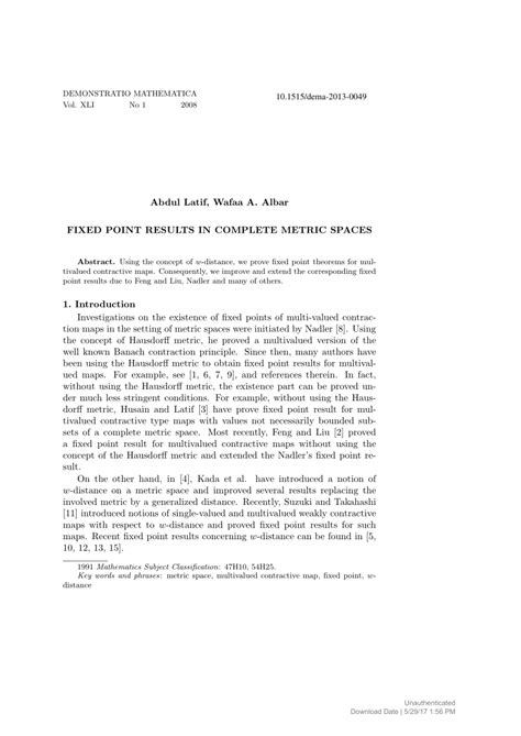 Pdf Fixed Point Results In Complete Metric Spaces