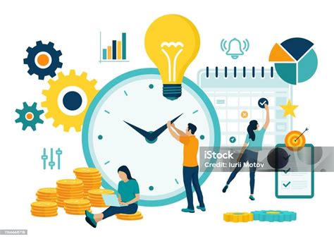 성공적이고 수익성 있는 비즈니스를 위한 시간 관리 계획 조직 및 제어 개념 작업 시간 관리의 개념 비즈니스 팀 문자가 있는 벡터