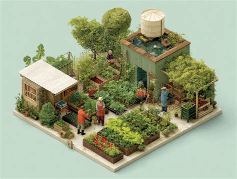 An Eco Friendly Self Sustaining Community Depicted With Diverse Plants And Efficient Water