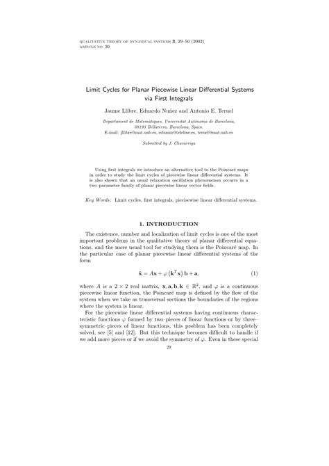 Pdf Limit Cycles For Planar Piecewise Linear Differential Systems Via First Integrals