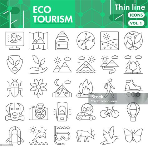 생태 관광 상징 컬렉션 또는 스케치 여행 바 테마 아이콘은 웹과 애플 리케이션에 대 한 얇은 선 스타일의 표지판입니다 벡터 그래픽은 흰색 배경에 고립되어 있습니다 관광에