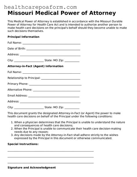 Printable Missouri Medical Power Of Attorney Form Medical Power Of Attorney