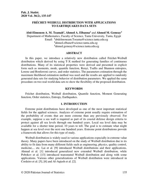 Pdf FrÉchet Weibull Distribution With Applications To Earthquakes Data Sets