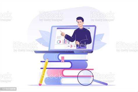 온라인 교육 또는 비즈니스 교육 개념 책과 노트북에 온라인 남자 멘토 코로나바이러스 검역 중 원격 교육 웨비나 또는 비디오 세미나 E 학습 벡터 일러스트레이션 교육 강좌에