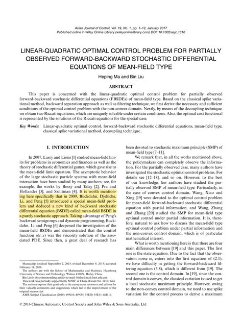 Pdf Linear Quadratic Optimal Control Problem For Partially Observed