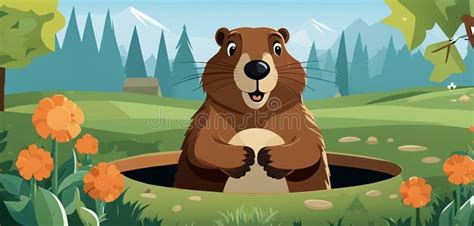 Happy Groundhog Day Ð Cheerful Brown Gopher Emerging From Its Burrow