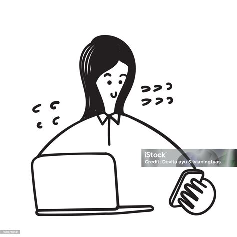 손으로 그린 낙서 여자는 노트북을 사용하고 스마트폰을 보고 있다 일함에 대한 스톡 벡터 아트 및 기타 이미지 일함 직업 Brand Name Smart Phone