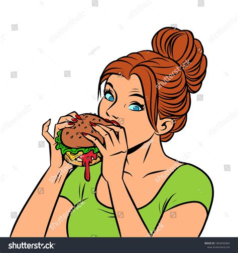 Woman Eats Burger Comics Illustration Drawing Stock Vector Royalty