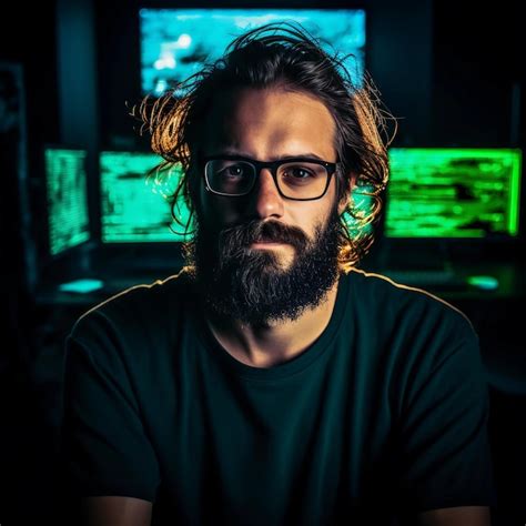 Premium AI Image Photo Of Computer Hacker With Beard Icon Wearing A Black Tshirt In Neon