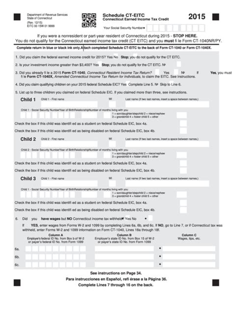 Schedule Ct Eitc Connecticut Earned Income Tax Credit 2015 Printable Pdf Download