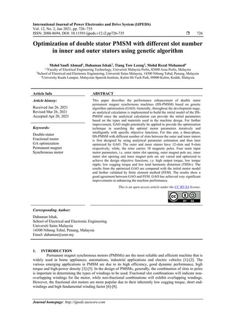 optimization of double stator pmsm with different slot number in inner