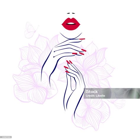 빨간 입술 빨간 매니큐어 손톱손 뷰티 로고 손톱 예술 벡터 삽화 Diadem 꽃 나비 꽃 동기 추상 꽃 스파 살롱 기호 기호 손톱 스튜디오 매니큐어 화장품에 대한 스톡 벡터