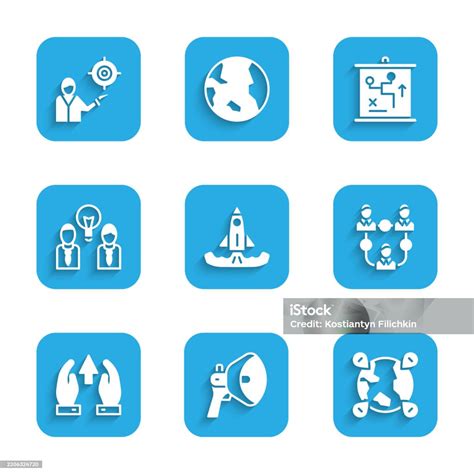 로켓 확성기 지구 위치 프로젝트 팀 기반 성장 차트 및 진행 상황 전구를 가진 사람 계획 전략 개념 및 마케팅 대상 아이콘을 설정합니다 벡터 개념에 대한 스톡 벡터 아트 및
