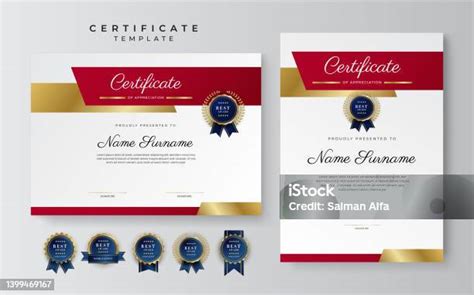 빨간색과 금색의 감사 템플릿 배지 디자인이있는 다목적 인증서 테두리의 고급 인증서 우아한 빨간색과 금색 졸업장 증명서 템플릿 감사장에 대한 스톡 벡터 아트 및 기타 이미지