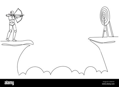 Single One Line Drawing Robot Standing On Cliff With Archer In Hand Business Target Future