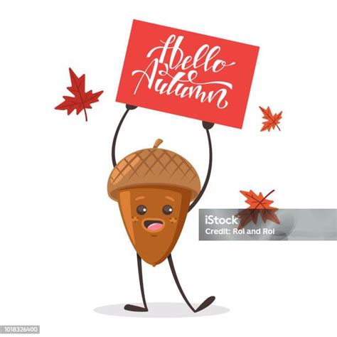 단풍나무와 귀여운 도토리와 나뭇잎 안녕하세요가 서명 벡터 만화 재미 오크 너트 문자 흰색 배경에 고립 10월에 대한 스톡 벡터 아트 및 기타 이미지 Istock