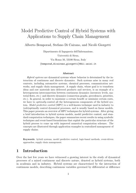 Pdf Model Predictive Control Of Hybrid Systems With Applications To Supply Chain Management
