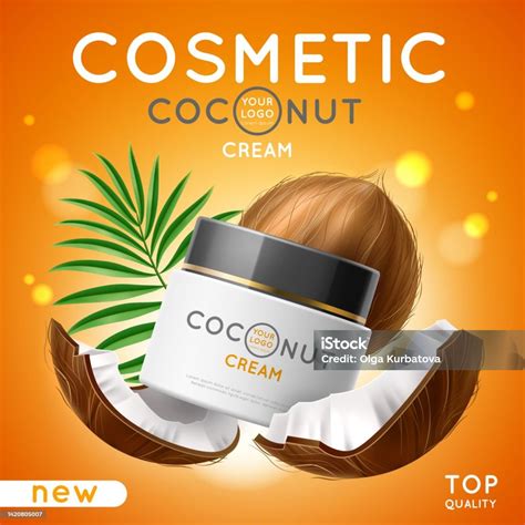 코코넛 화장품 포스터 코코넛 오일이있는 사실적인 크림 용기 트위스트 캡이있는 항아리 너트 조각 및 야자 잎 얼굴 및 바디 케어 3d 요소 프로모션 배너 전체 벡터 개념