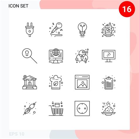 Editable Vector Line Pack Of 16 Simple Outlines Of Keyhole Tea Bulb Love Coffee Editable Vector