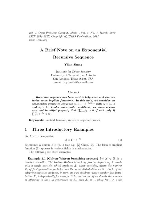 Pdf A Brief Note On An Exponential Recursive Sequence