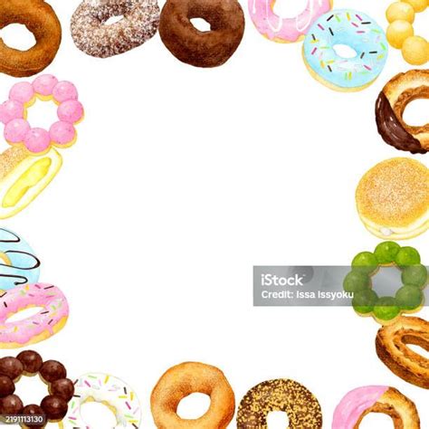 도넛 사각형 프레임입니다 손으로 그린 수채화 그림 배경 와 과자 와 과자 와 그리기에 대한 스톡 벡터 아트 및 기타 이미지 Istock