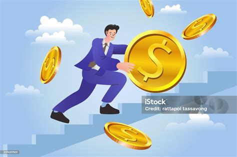 큰 금화를 타고 달리는 사업가 사업의 성공 투자 및 성장의 개념 Inancial 성장 연금 소득 및 이익 한 걸음 한 걸음 성공하십시오 사람들 벡터 일러스트 레이 션 개념에