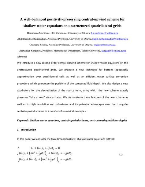 Pdf A Well Balanced Positivity Preserving Central Upwind Scheme For Shallow Water Equations On