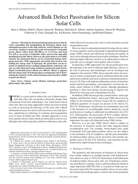 Pdf Advanced Bulk Defect Passivation For Silicon Solar Cells