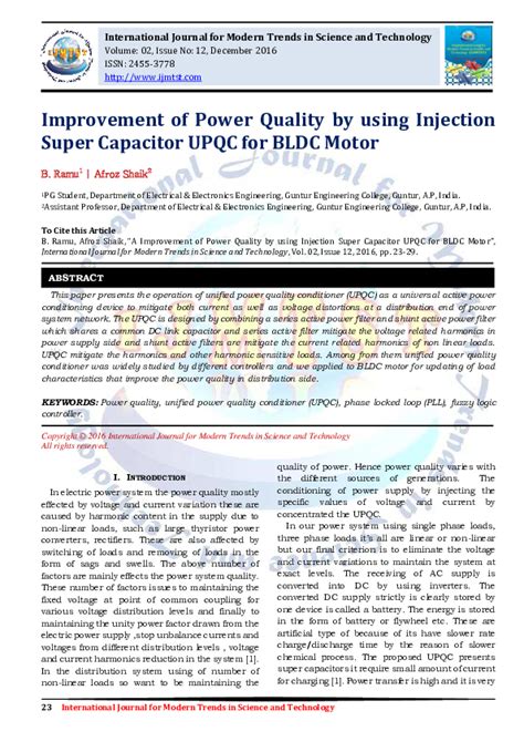Pdf Improvement Of Power Quality By Using Injection Super Capacitor Upqc For Bldc Motor