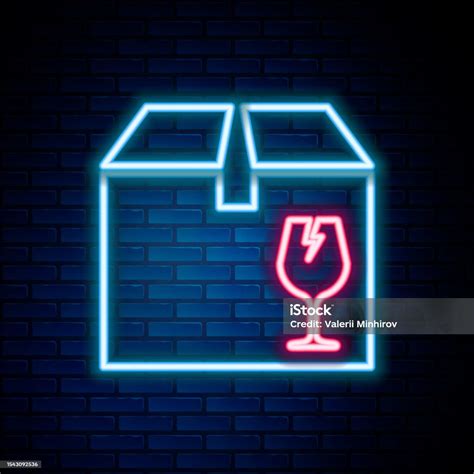 벽돌 벽 배경에 고립 된 깨진 유리 아이콘의 깨지기 쉬운 콘텐츠 기호와 빛나는 네온 라인 배달 패키지 상자 상자 포장 소포 표지판 다채로운 개요 개념 벡터 경계 표지에 대한