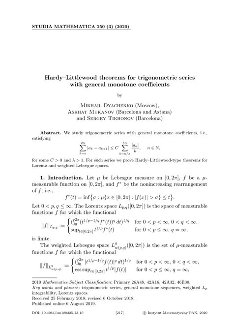 Pdf Hardylittlewood Theorems For Trigonometric Series With General Monotone Coefficients