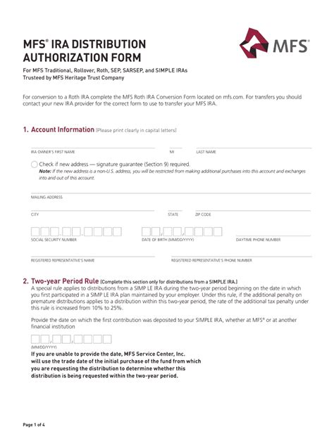 Fillable Online Mfs Ira Distribution Authorization Form Fax