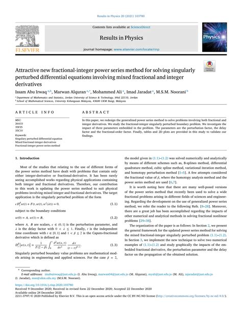 Pdf Attractive New Fractional Integer Power Series Method For Solving Singularly Perturbed