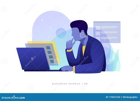 Concept Of Work In Office Businessman Carefully Looks At Screen And Analyzes Data On An Open