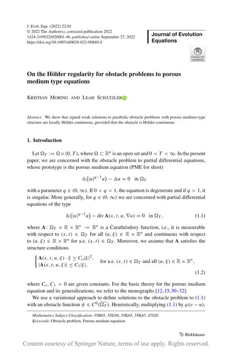 Pdf On The Hölder Regularity For Obstacle Problems To Porous Medium Type Equations
