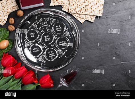 Flat Lay Composition With Passover Seder Plate Keara On Black Table