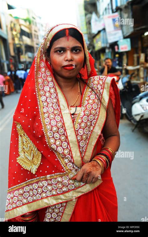 Portrait Of An Indian Woman Wearing A Colorful Traditional Sari Stock