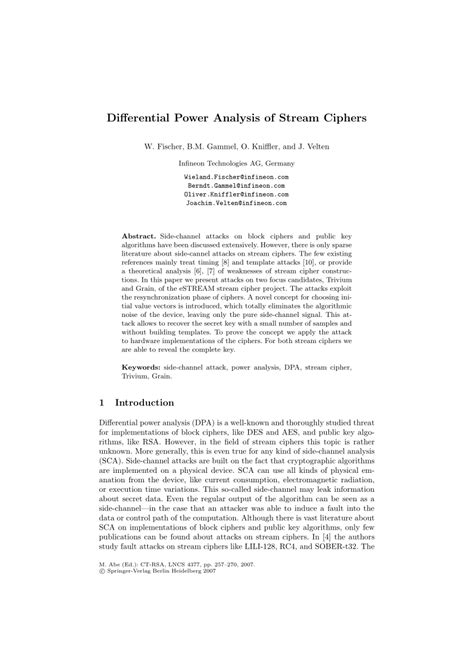 Pdf Differential Power Analysis Of Stream Ciphers