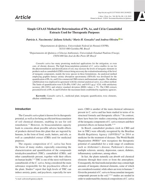 Pdf Simple Gfaas Method For Determination Of Pb As And Cd In Cannabidiol Extracts Used For