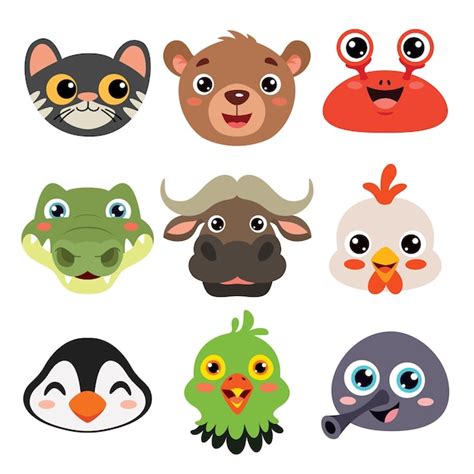 Ensemble De Têtes Danimaux De Dessin Animé Vecteur Premium