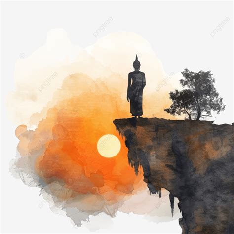 The Lord Buddha Standing At A Cliff During Sunset Vector Illustration