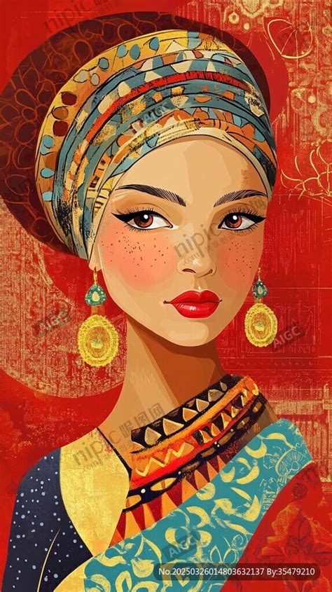 Ai创作图头巾 女子 耳环 项链 服饰 花纹 红色 背景 民族风 妆容 珠宝 图案 色彩 时尚 装饰 昵图网